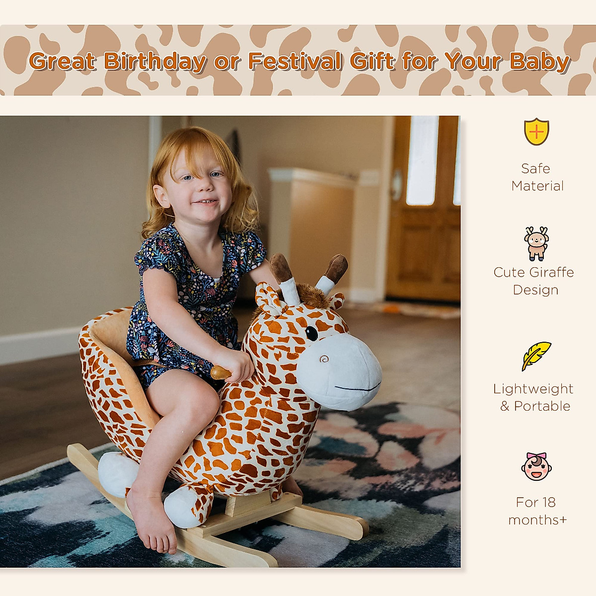 Qaba Kids Plush Ride-On Rocking Horse Toy Giraffe Style with Song for 18-36 Months, Brown