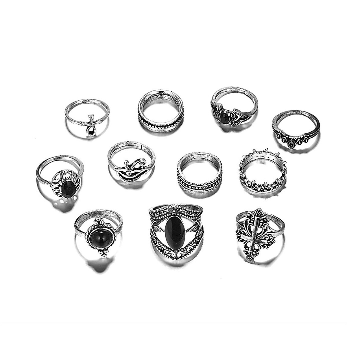 Cathercing 11 Pcs Women Silver Ring Sets Knuckle Vintage Rings Pack for Women Bohemian Rings Black Gem Joint Knot Rings Set for Teens Party Daily Fesvital Jewelry Gift