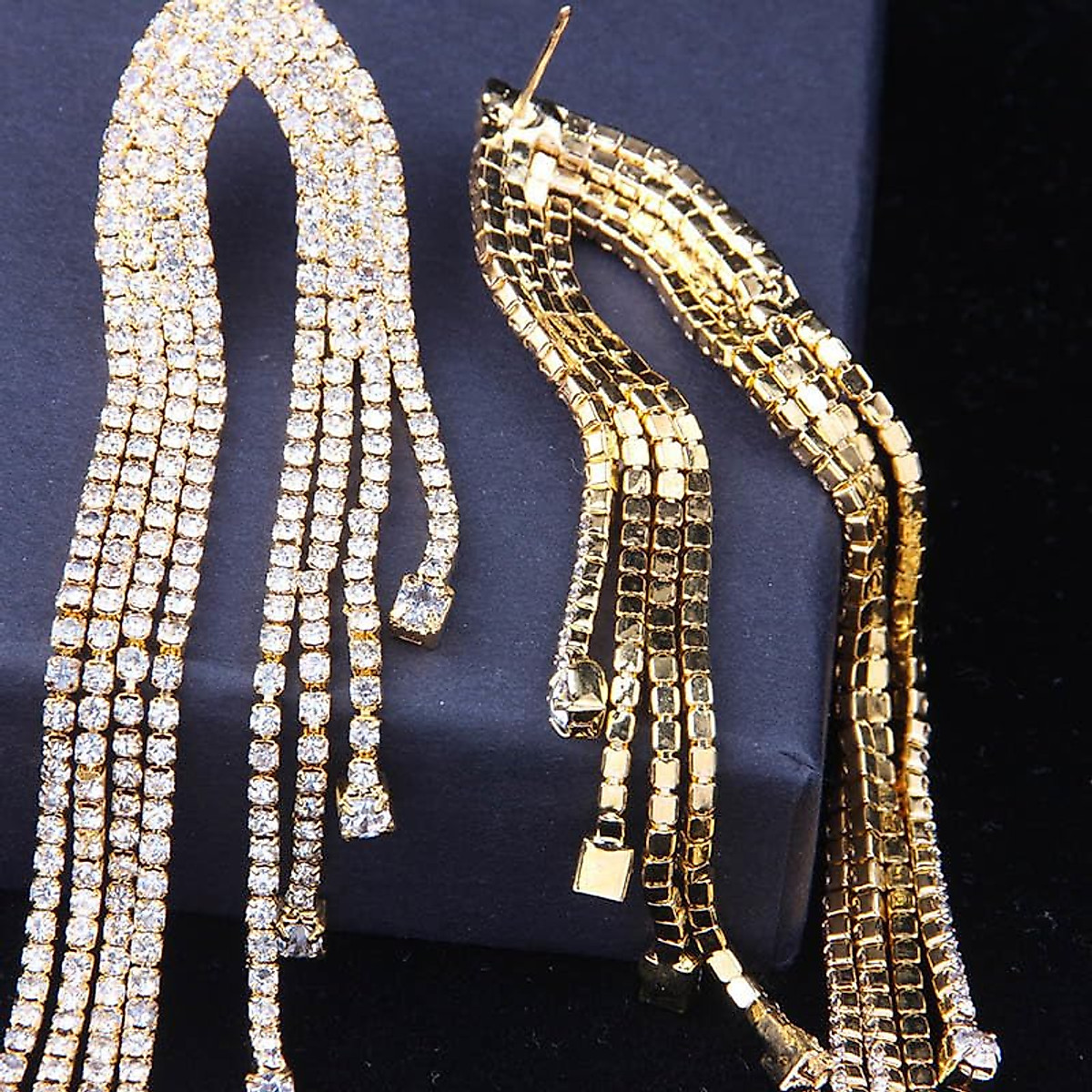 Rhinestone Tassel Earrings Dangling for Women Gold Hypoallergenic Long Tassel Drop Dangle Earrings for Wedding Prom