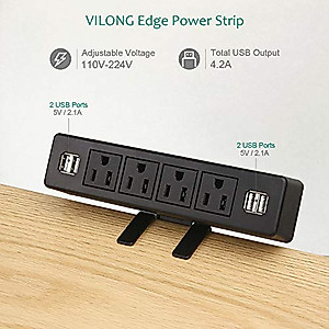 VILONG,Desk Edge Power Strip with 4 USB Port Removable Clamp Power Outlet Socket with USB 6.5 ft Extension Cord Connect 4 Plugs for Home Office Reading