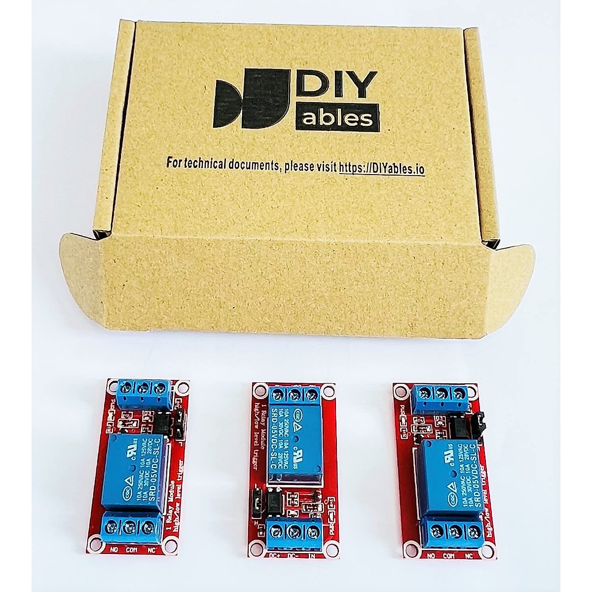 DIYables 3pcs Relay Module for Arduino, ESP32, ESP8266, Raspberry Pi, 1 Channel, 5V, High/Low Level Trigger