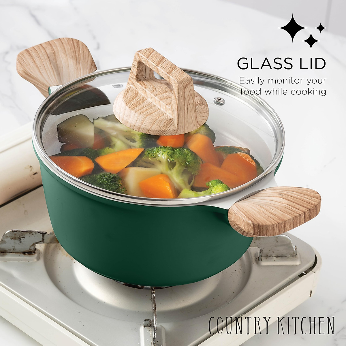 Country Kitchen Pots and Pans Set Nonstick, Cast Aluminum Kitchen Cookware Set with Utensils, 14 Pcs Non Stick Cooking Set w/Frying Pans & Saucepans, Sage