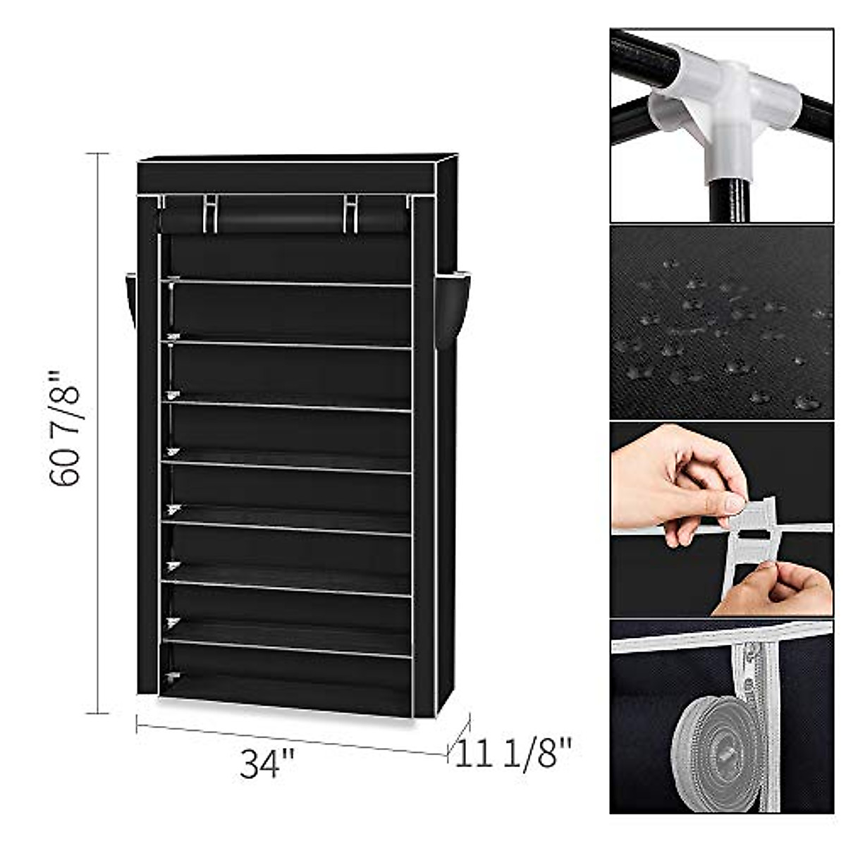 Shoe Rack 10 Tier Shoes Cabinet Storage Organizer Closet with Dustproof Nonwoven Fabric Cover, Store up to 45 Pairs of Shoes (Black Extra-Wide)