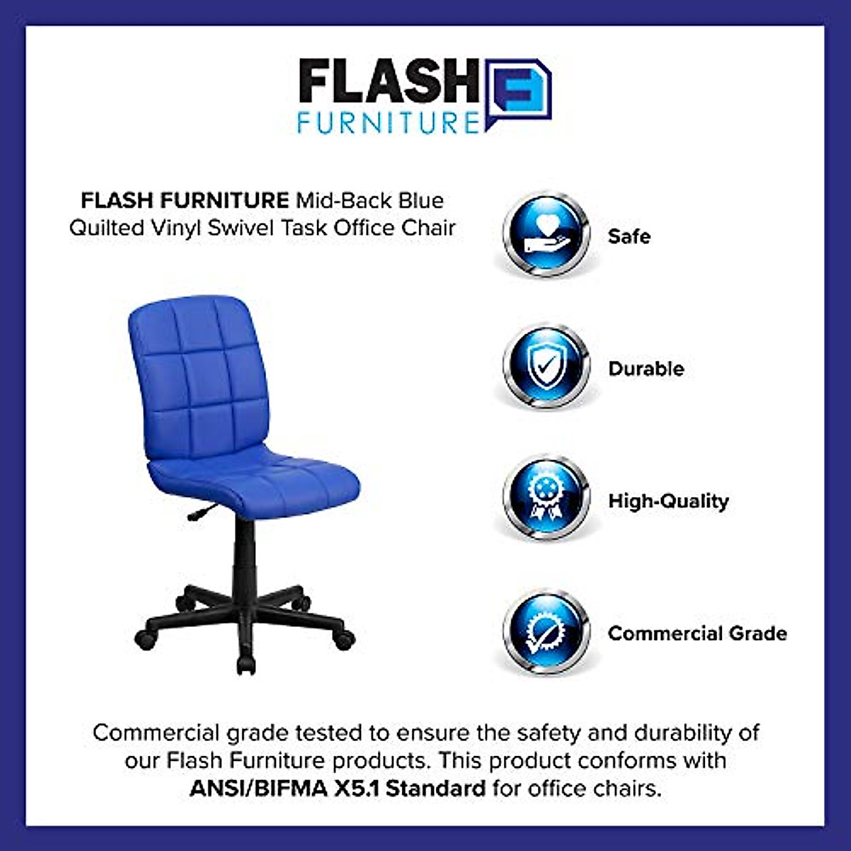 Flash Furniture Mid-Back Blue Quilted Vinyl Swivel Task Office Chair