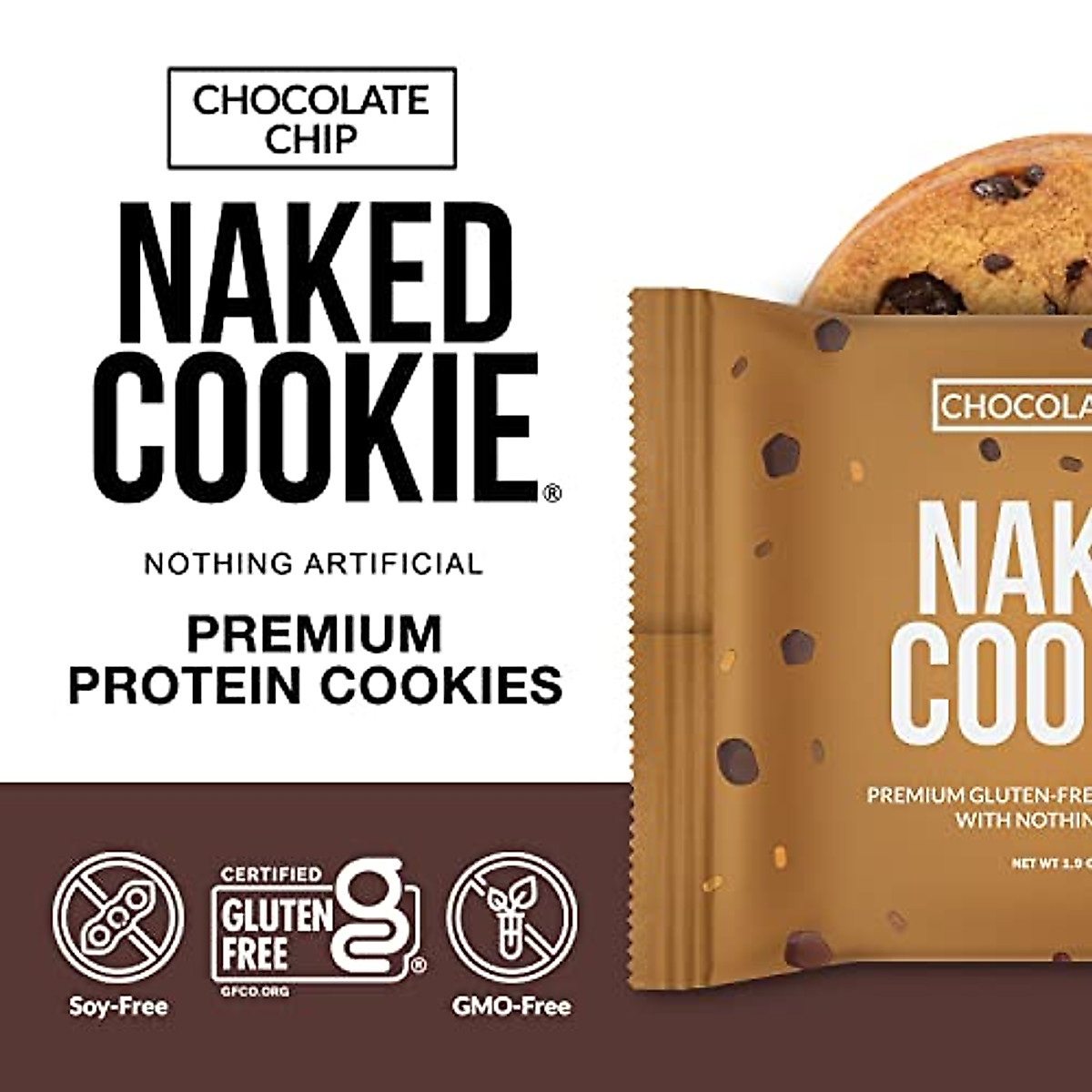 Naked Chocolate Chip Protein Cookies - Premium Gluten-Free High Protein Cookies, Only 1G Sugar, 6G Fiber, No Artificial Sweeteners, Soy Free, No GMOs - 12 Pack