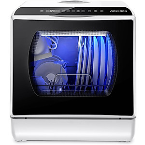 AIRMSEN Portable Countertop Dishwasher, Compact Mini Dishwasher with 5L Built-in Water Tank, 5 Washing Programs & Air-Dry Function, Baby Care, Glass & Fruit Wash for Apartments, Dorms and RVs
