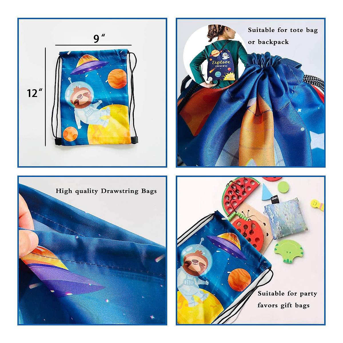 PADELO 12 Pack Space Party Favor Bags Party Supplies Goodies Drawstring Bags for Kid's Birthday as Loot and Goodies bags for Boys Girls Gifts Candy and Snacks School Travel Toy Storage Bag