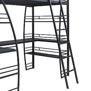 LAVHOME Twin Size Loft Bed with 4 Layers of Shelves and L-Shaped Desk, Stylish Metal Frame Bed with a Set of Sockets, USB Ports and and Wireless Charging (Black)