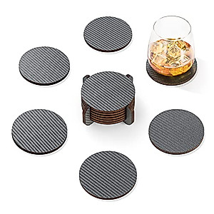 Modern Coasters for Drinks| Premium Carbon & Wood Coaster | Unique Geometric Design | Protects Wooden Table | Unique Gift in Luxury Gift Box (Carbon Round with Holder)