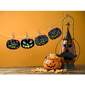 WaaHome Halloween Thanksgiving Scratch Art Crafts for Kids 24pcs Pumpkin Rainbow Scratch Art Paper for Kids School Classroom Game DIY Crafts Halloween Thanksgiving Fall Party Decorations Favors