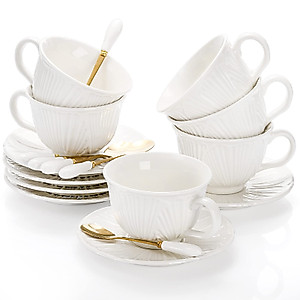 Okllen Set of 6 Royal Tea Cups and Saucers, 8 Oz Large Cappuccino Cups Set with Spoon, White Porcelain Tea Cup Set British Coffee Cups for Latte, Cafe Mocha, Cappuccino, Tea Party