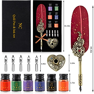 NC Quill Pen and Ink Set, Includes Quill Pen and 6 Bottles Color Ink, 5 Replaceable Nibs, Pen Holder, Christmas gifts,Valentine’s Day Gift,Birthday Gift, Calligraphy Set Holiday Ideal Gift.(Red)