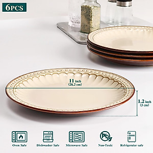 Yonune Eanoni Ceramic Dinner Plates Set of 6, 11 inch Large Stoneware Luxury Dishes for Kitchen Dinnerware Salad Dessert Gifts, Microwave Oven Dishwasher Safe, Scratch Resistant Cream Beige