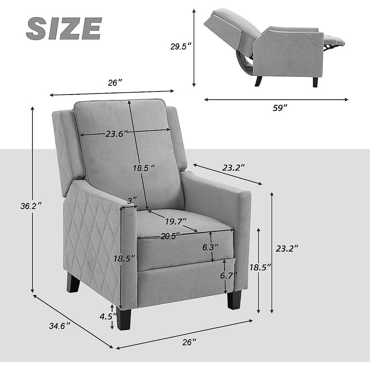 AVAWING Push Back Recliner Chair Set of 2, Wing Back Chairs with Arms, Mid-Century Vintage Accent Chair for Living Room, polyester, Grey