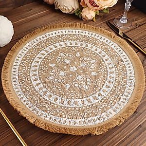 TABLECLOTHSFACTORY 4 Pack | Natural 15" Jute & White Print Fringe Placemats, Rustic Round Woven Burlap Tassel Table Mats