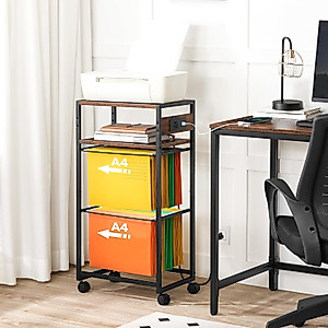 HOOBRO File Cart, Filing Cabinet with Outlet and USB Ports, 2 Tiers Metal Rolling File Cart, Pull-Out Filing Holder, Only Suitable for A4 Size Folders, Home Office, Rustic Brown and Black BF81UWJ01