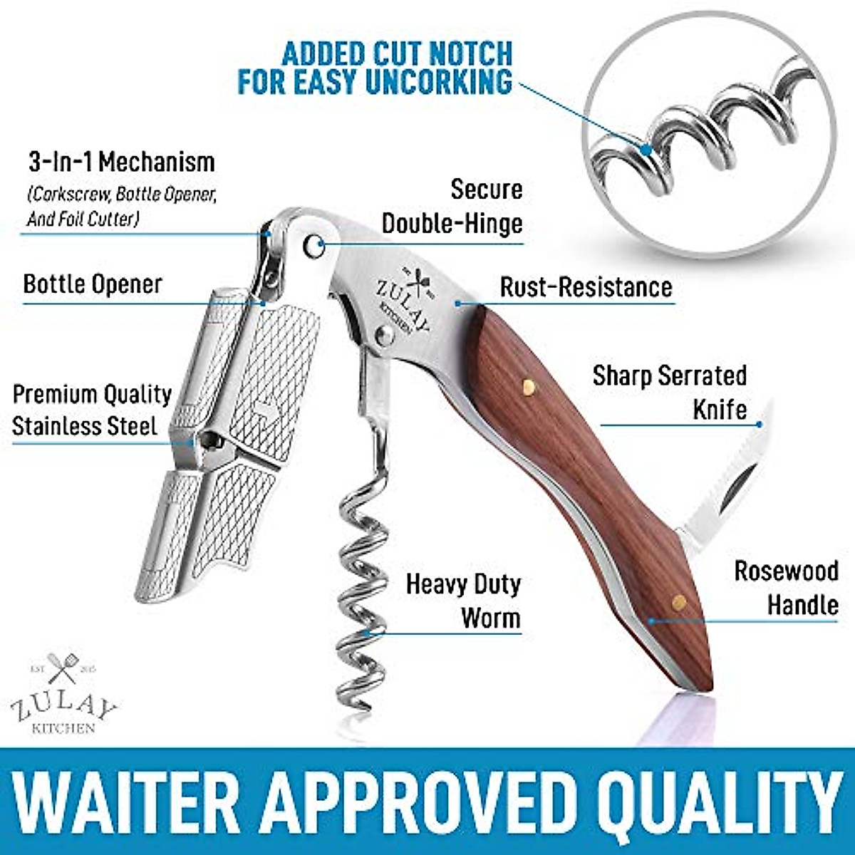 Zulay Professional Waiter’s Corkscrew Bottle Opener - 3-in-1 Wine Key Tool With Foil Cutter & Dual Hinge Fulcrum - Waiters Corkscrew For Waiters & Bartenders (Rosewood)