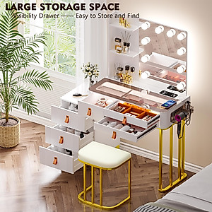 Gurexl Vanity Desk with Wireless Charging Station, Dressing Table with Lighted Mirror & 3 Lighting Modes Adjustable Brightness, Glass Top Makeup Vanity Table Set with 6 Drawers & Stool