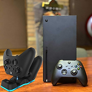 Dual Controller Charger for Xbox Series X/S Controllers, (Two Slot) High Speed Docking Charging Station Kit Updated LED Strap with 2 Rechargeable 600mAh Battery Packs