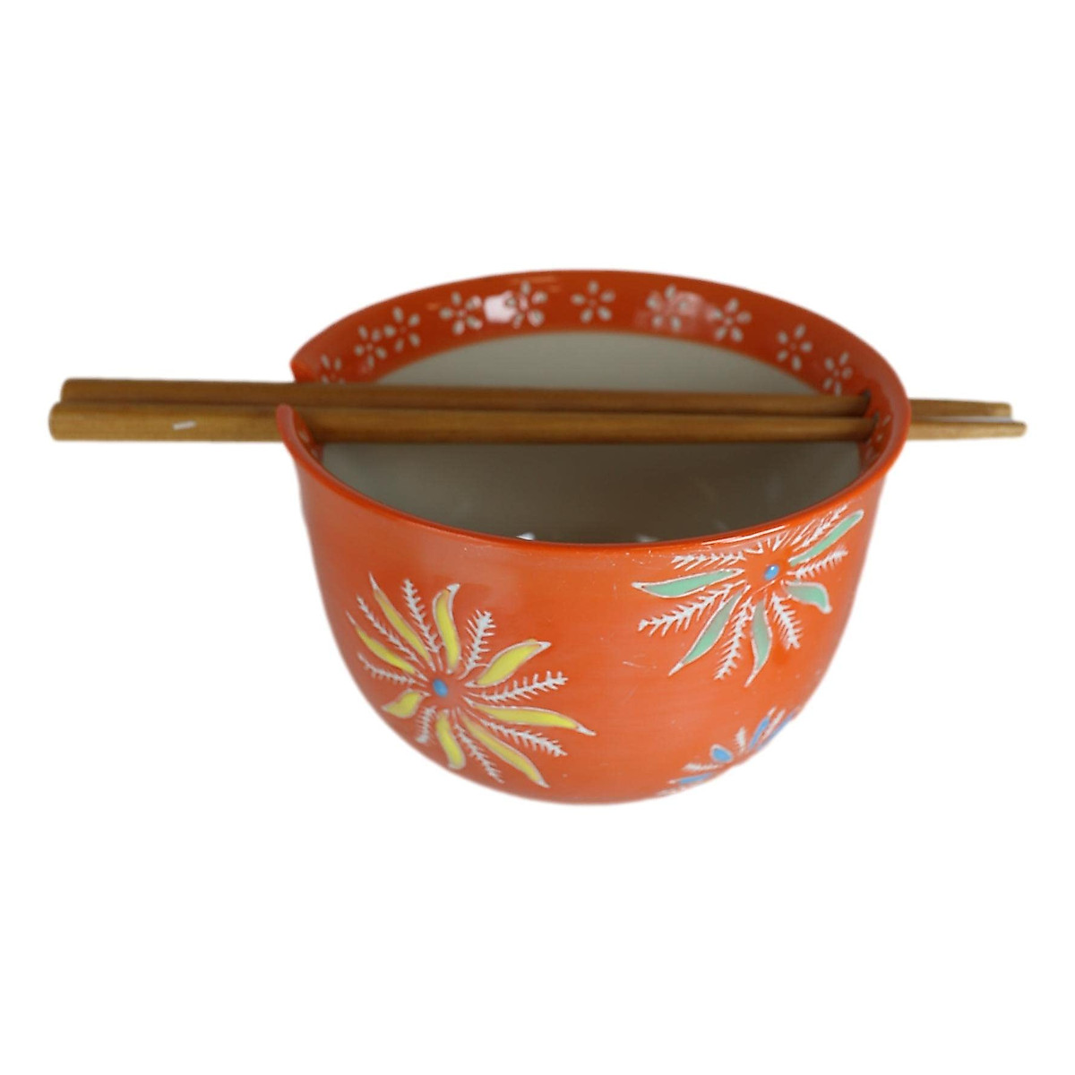 Ebros Japanese Design Ceramic Ramen Udong Noodles Bowl and Chopsticks Set For Asian Dining Soup Rice Gourmet Meal As Taste of Asia Collection Of Bowls Decor Kitchen Decorative (Orange Flower Blossoms)
