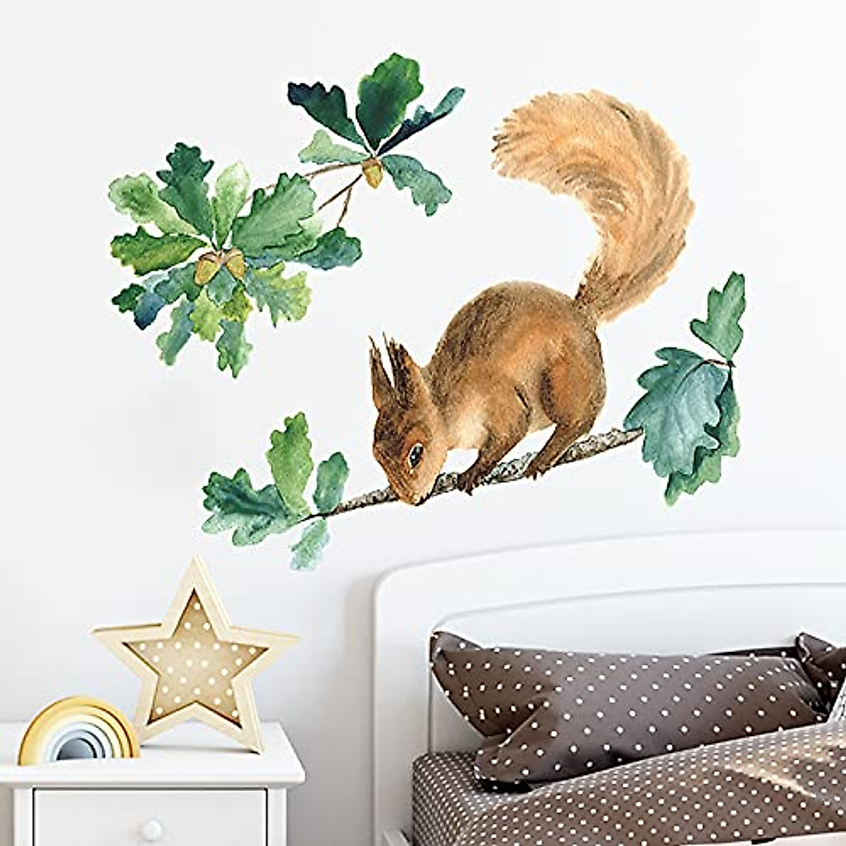 HUANLE 4 Pack Cartoon Squirrel Animal 3D Vinyl Wall Decal Realistic Green Branch Squirrel Playing Art Murals Removable Animal Wall Stickers for Teen Girls Kids Bedroom Bathroom Home Cabinet Decor