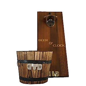 Thirsty Solutions - “Beer O’ Clock” Rustic Wall Mounted Bottle Opener and Catcher - Dark Stain Pine with Zinc Alloy Opener - Removable Wooden Bucket - Man (or Woman) Cave Ready