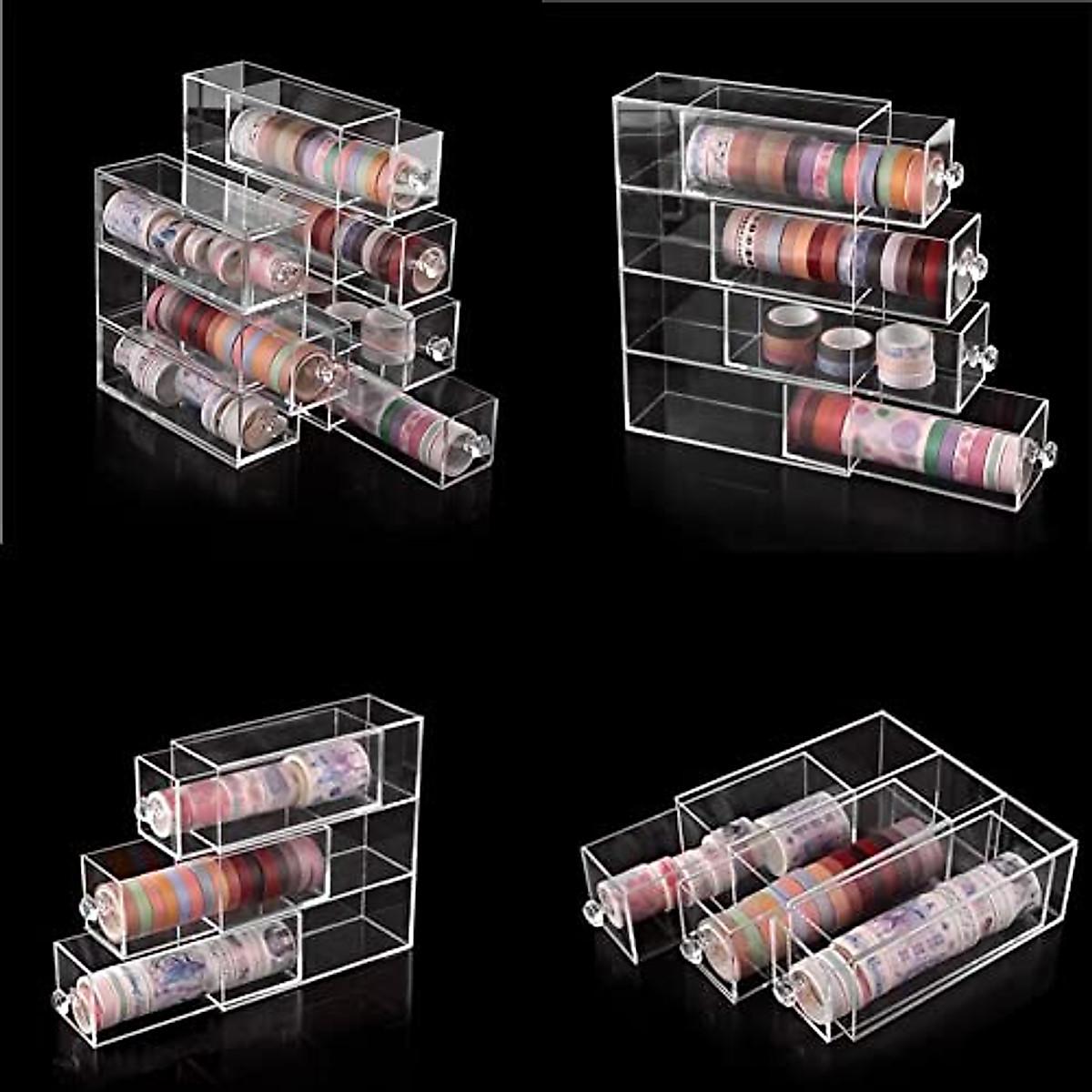 HomDSim 3 Drawers Acrylic Clear Washi Tape Box Organizer Storage,Divider Closet Container Holder for Cosmetic Makeup,for Ribbon,Sewing,Thread,Masking Tape,Roll Tape,Pencils,Cotton Ball, Cotton Swab