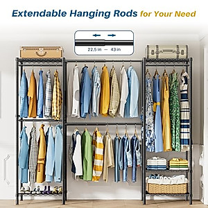 HEMTEN K1 Heavy Duty Clothes Rack Closet, 5 Tiers Adjustable Metal Freestanding Expandable Clothing Storage with 5 Hanger Rods, Easy to Assemble Wardrobe, 78" H x (69.7" - 90") L x 15.7" D, Black