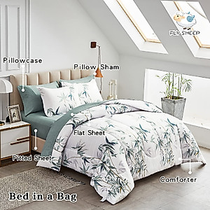 6 Pieces Bed in a Bag Twin Comforter Set with Sheets, Green Leaves on White Botanical Design Bedding Sets for Kids (1 Comforter, 2 Pillow Shams, 1 Flat Sheet, 1 Fitted Sheet, 1 Pillowcases)
