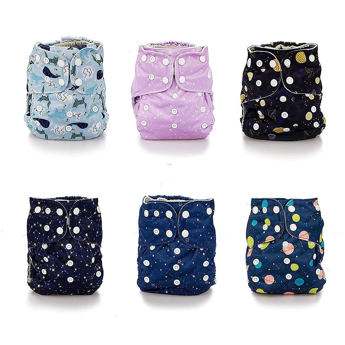 Simple Being Reusable Cloth Diapers, Double Gusset, One Size Adjustable, Washable Soft Absorbent, Waterproof Cover, Eco-Friendly Unisex Baby Girl Boy, six 4-Layers Microfiber Inserts (Constellations)