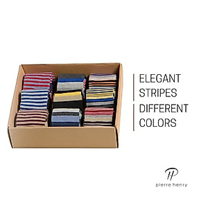 Pierre Henry Over the Calf Mens Dress Socks (9 Pairs) | Cotton Made, Long Socks, Wide Socks | Light Compression Socks for Men in Elegant Striped Patterns | Big and Tall Size (US Mens Shoe 12-16)