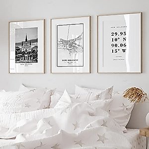 Dear Mapper New Orleans United States View Abstract Road Modern Map Art Minimalist Painting Black and White Canvas Line Art Print Poster Art Print Poster Home Decor (Set of 3 Unframed) (12x16inch)
