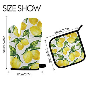 susiyo Summer Lemon with Green Leaves Kitchen Oven Mitts Pot Holders Sets Heat Resistant Machine Washable BBQ Gloves for Cooking Baking Grilling