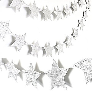 Glitter Silver Paper Star Hanging Garland - Twinkle Star Banner for Baby Shower Backdrop, Birthday Party Wall Decoration, 2.8", Totally 23 ft/7m