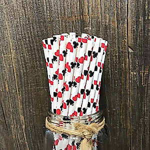 Casino Card Night Theme Paper Straws - Ace, Spade, Heart, Diamond Card Design - Black Red White - Pack of 100 - Outside the Box Papers Brand