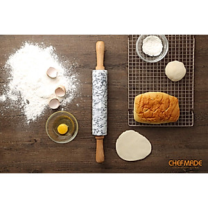 CHEFMADE 18-Inch Marble Rolling Pin with Wooden Handles and Cradle, Non-Stick (Gray and White)