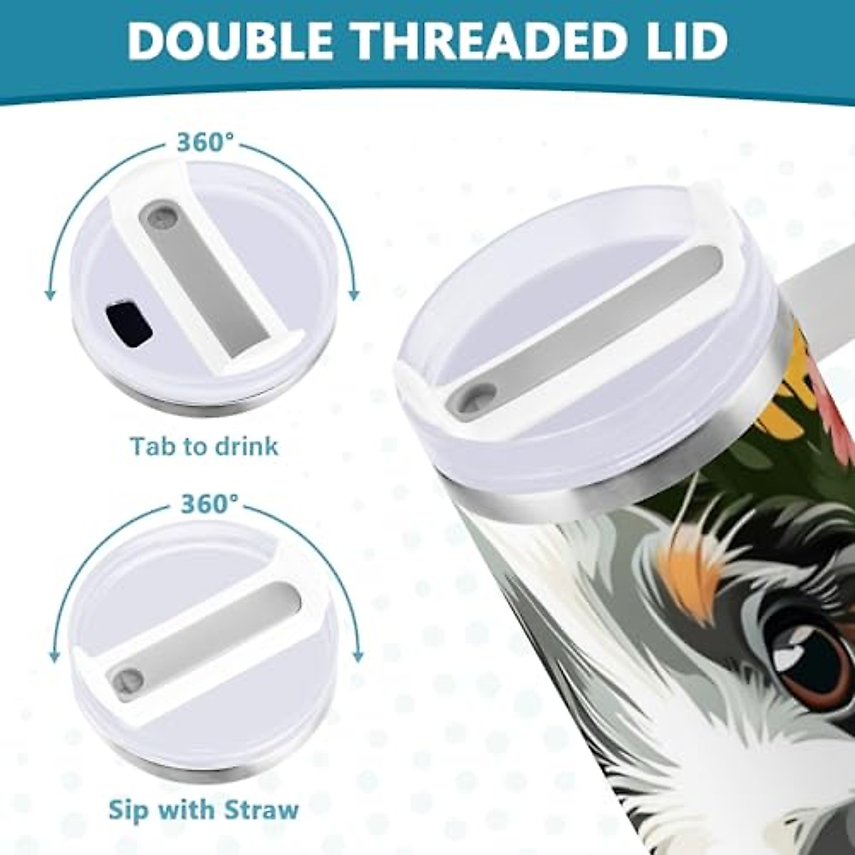 Adorable Dog with Flower Garland Soft Tumbler With Handle And Straw 30-40oz Insulated Tumbler Cups With Lid Stainless Steel for Cold Water and Drinks for School Work Sports Car Travel and Weekends