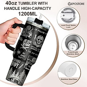 GEPOSTORE Movie Lover Gifts, Horror Friends 40 oz Laser Tumbler Handle and Straw, Horror Characters Tumblers Cup, Halloween Mug, Birthday Gifts for Movies Fans