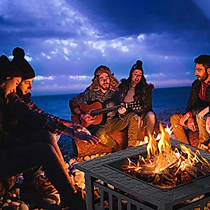 Vnewone 32'' Outdoor Fire Pit Metal Square Firepit Patio Stove Wood Burning for Backyard Garden Camping Picnic Bonfire with Spark Screen Cover, Log Grate, Poker,32" L32 W 14”, Black