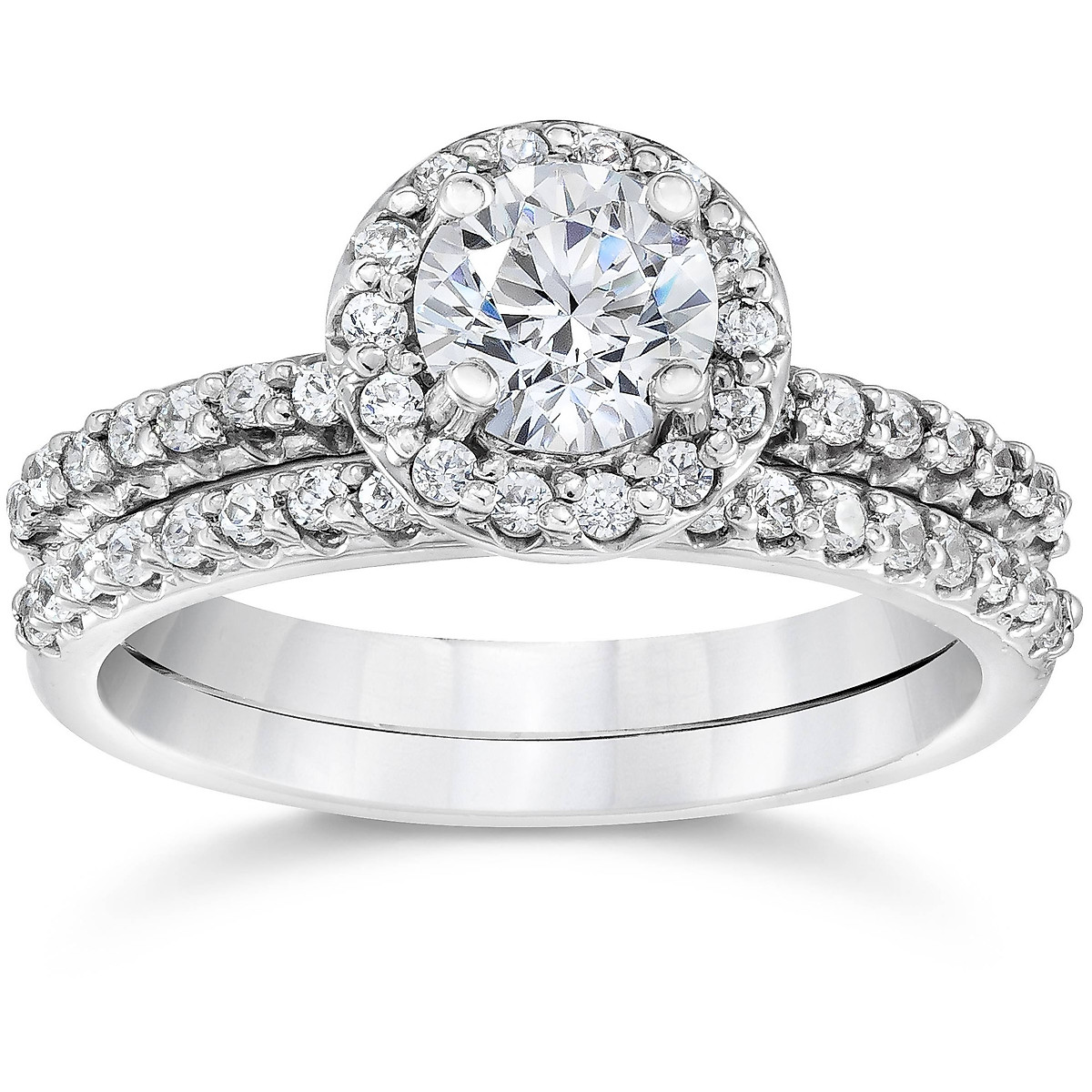 1 1/10ct Diamond Pave Halo Engagement Wedding Ring Set 14K White Gold - Size 11