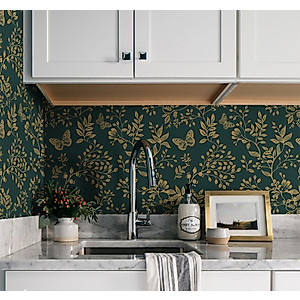 Wudnaye Green Vintage Floral Wallpaper Peel and Stick Wallpaper Dark Green and Gold Flower Leaf Butterfly Contact Paper 17.7" X 118.1" Removable Self Adhesive Boho Wallpaper for Bedroom Cabinets Decor