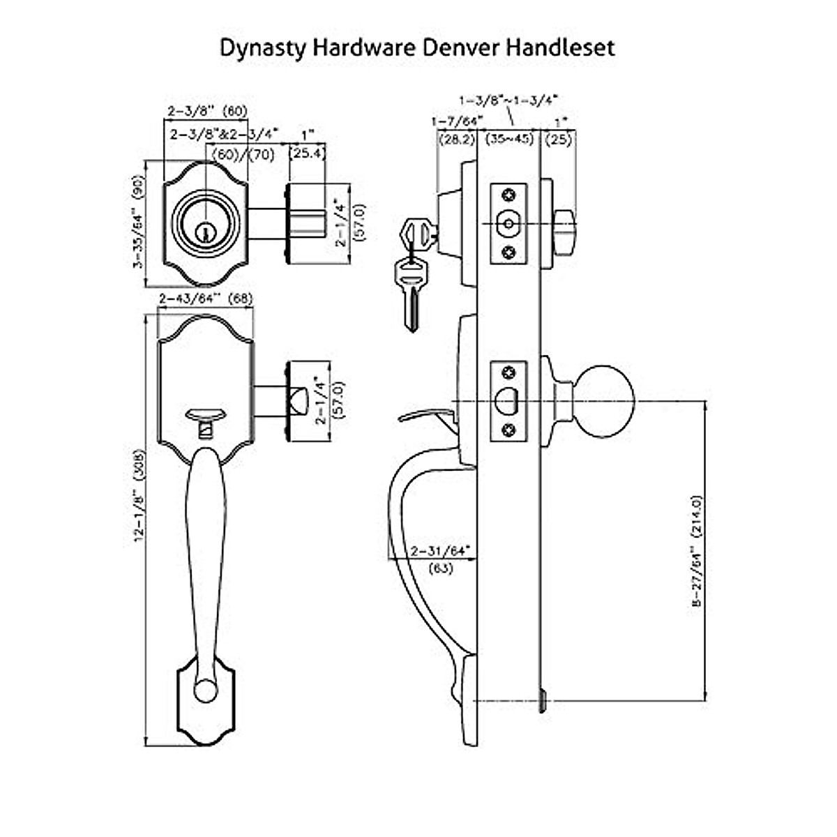 Dynasty Hardware DEN-MON-100-US15-RH Denver Front Door Handleset, Satin Nickel, with Monterey Lever, Right Hand