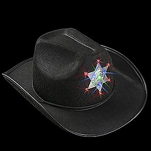 Black Sheriff Hat for Kids Boys and Girls - Light Up Cowboy Hat with Sheriff Blinking Badge and Draw String for Dress-Up and Play Costume Parties
