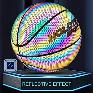 KPASON Basketball, Holographic Reflective Glowing Basketball, Indoor Outdoor Night Basketball Game, Adult & Kids Girls Boys Basketball Gift, Composite Leather Basketballs