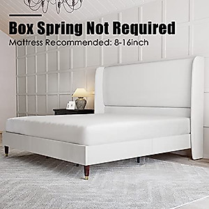 PaPaJet King Platform Bed Frame 51.2" High Headboard Linen Tall Upholstered Bed/No Box Spring Required/Wood Slat Support/Easy Assembly White