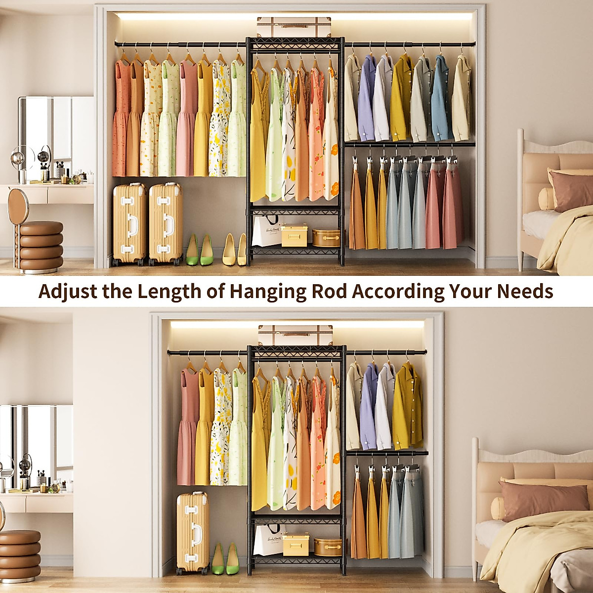 Golpart Closet Storage Organizer System,Expandable Wall Mounted Clothes Rack,3 Tiers Heavy Duty Metal Garment Rack with 3 Extendable Hanger Rods,Fits Space 5.7~8.8ft Width,76.77" H x 15.75" D