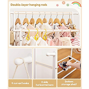 Cozivolife Kids Clothing Rack Bamboo with 2 Hanging Rods and 4 Hooks, Kids Dress Up Rack on Wheels, Small Child Garment Rack for Playroom,Toddlers Bedroom (White)