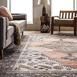 nuLOOM Gracie Distressed Medallion Machine Washable Area Rug, 8' x 10', Peach