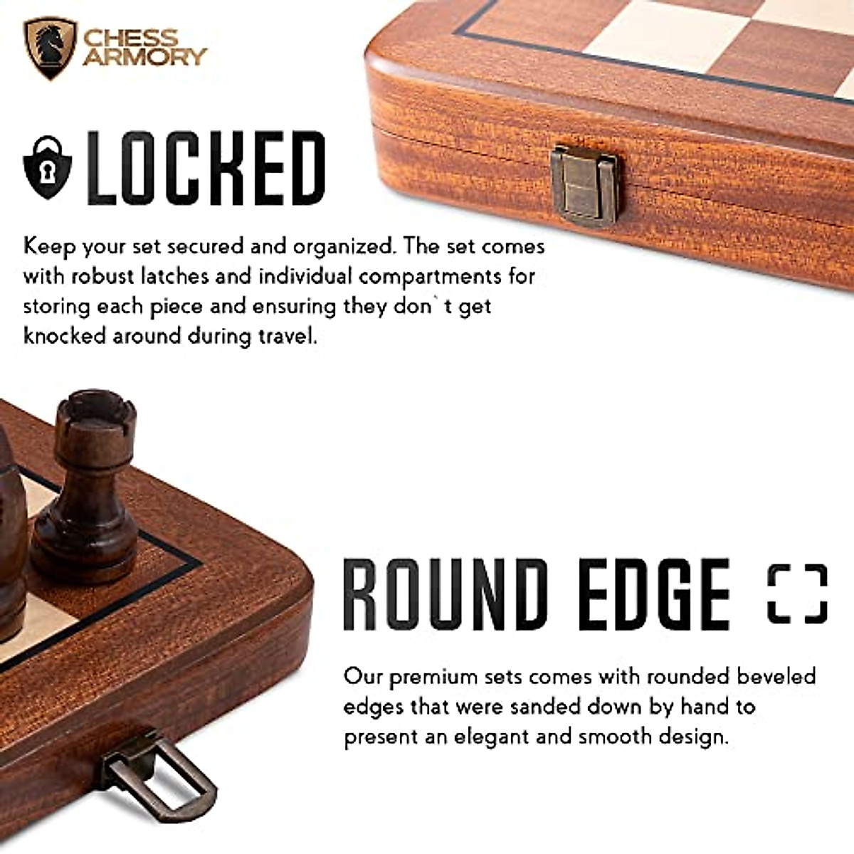 Chess Armory Premium Checkers and Chess Set - Wooden Board Game with a Portable Wood Case and Secure Storage for Pieces, Set for Kids and Adults (Sapele Wood)