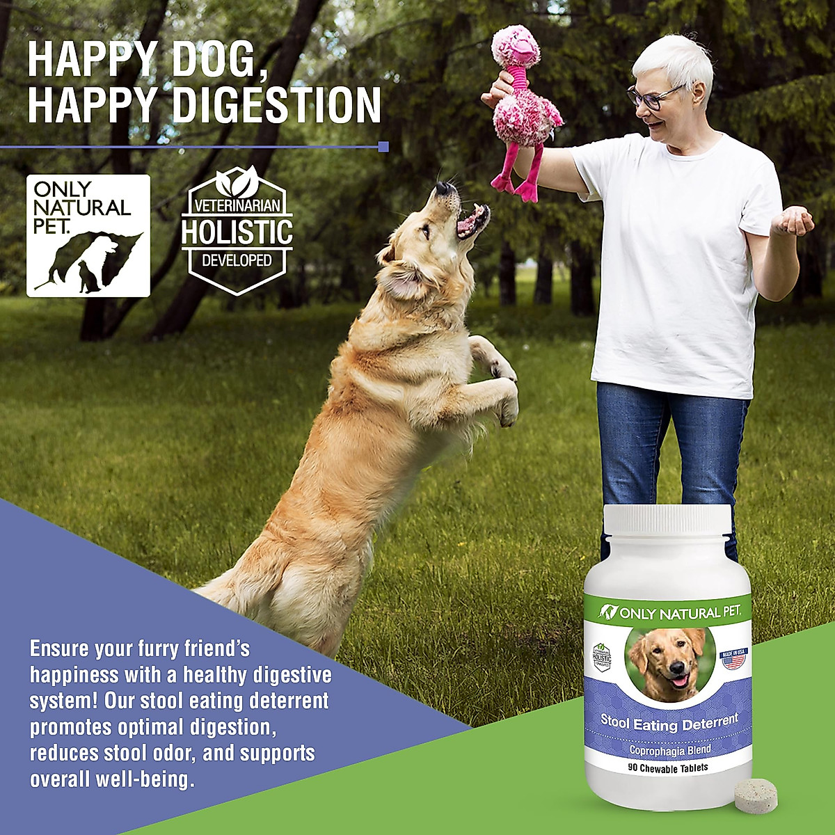 ONLY NATURAL PET Stool Eating Deterrent - Stop Stool Eating Coprophagia - Prevent Poop Eating in Dogs & Puppies | w/Digestive Enzymes | 90 Chewable Tablets for Gut Health - Natural Turkey Flavor